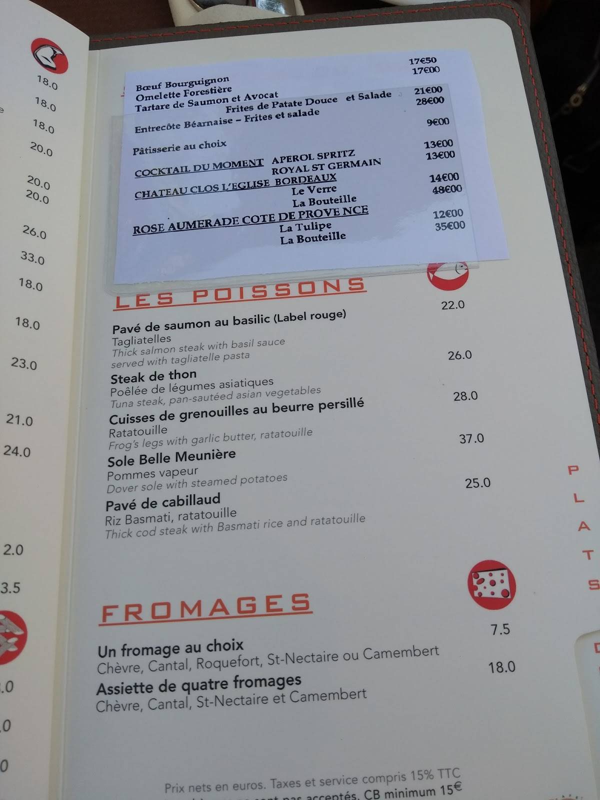 Menu at Café George V, Paris