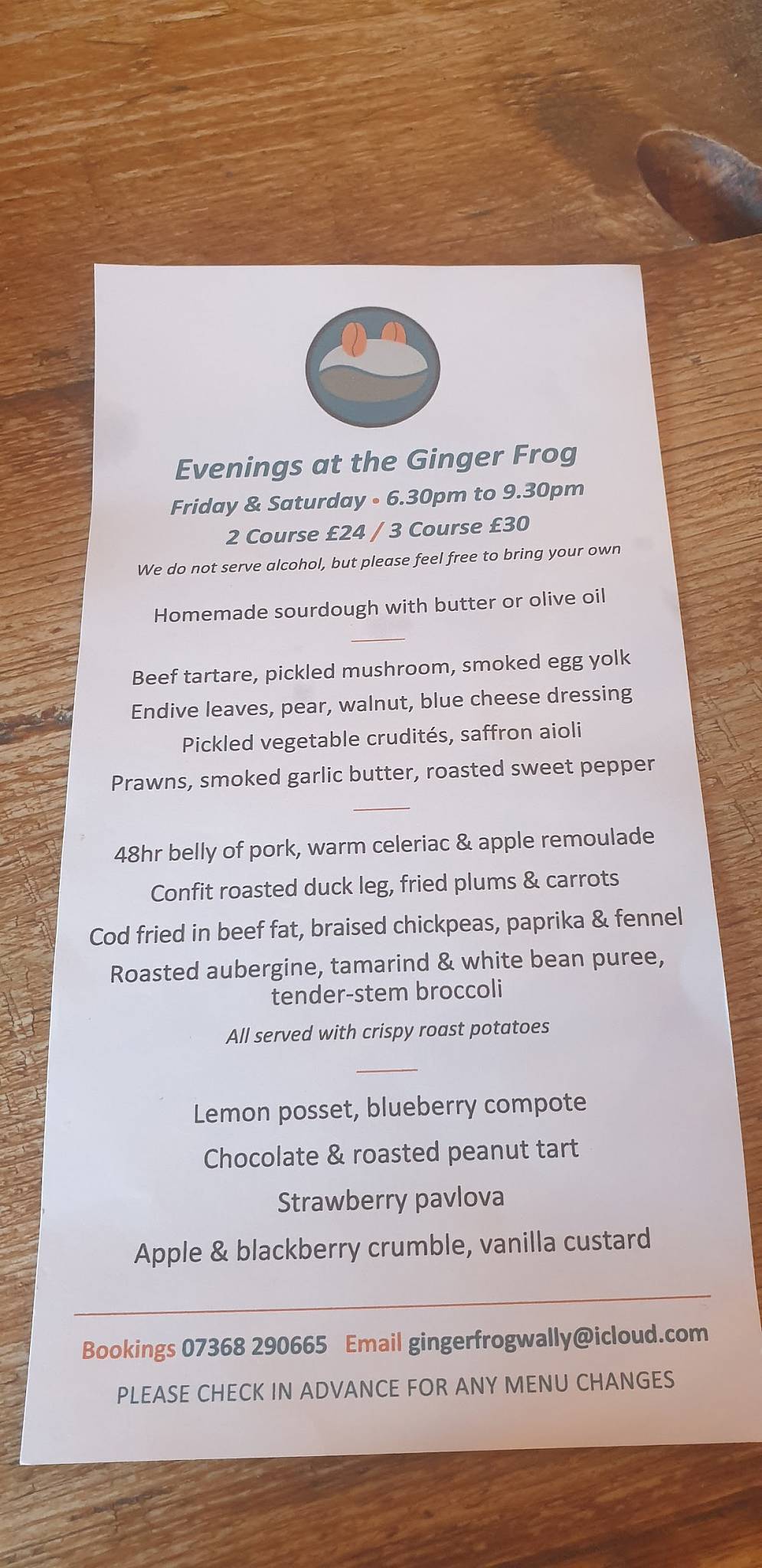 Menu at Ginger Frog cafe, Wallington