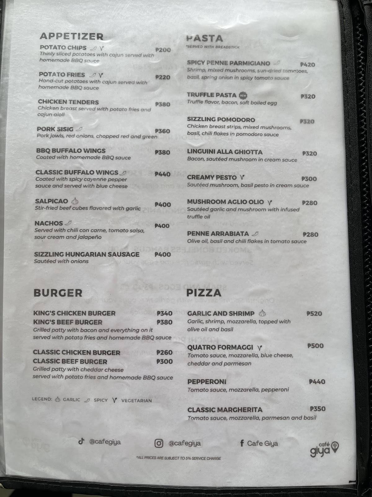 Menu at Cafe Giya, Angono