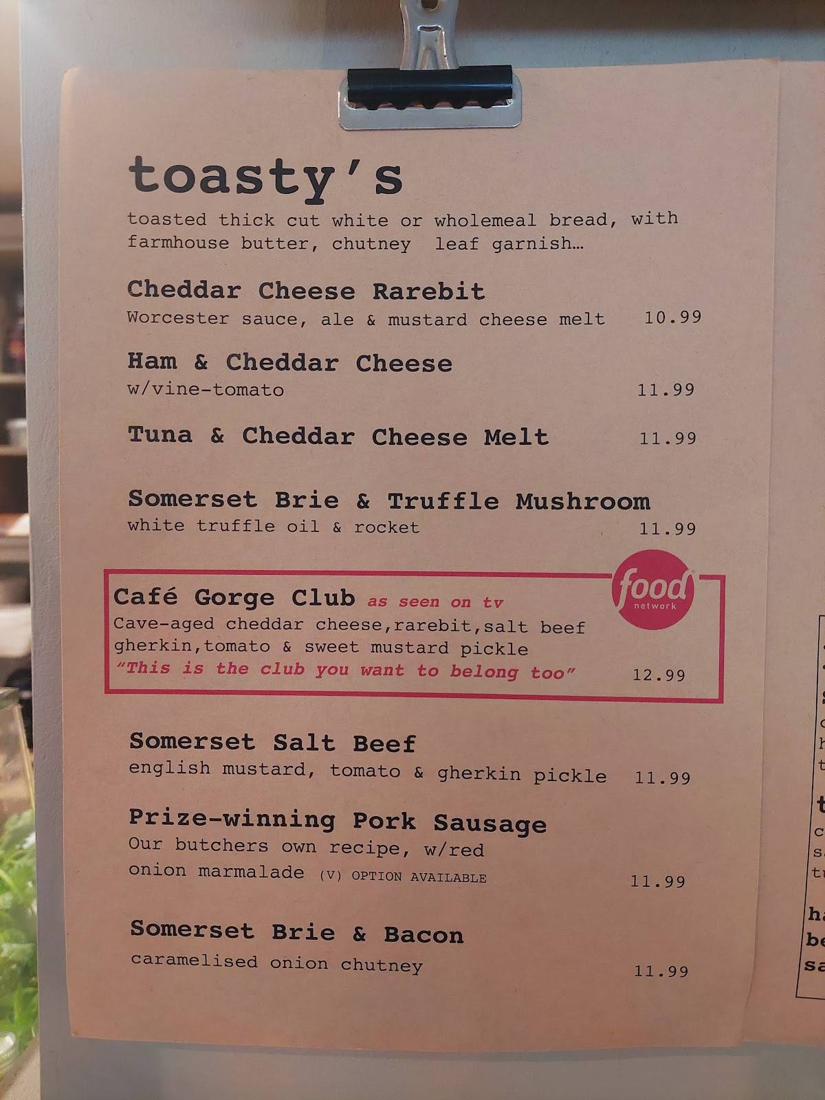 Menu at Cafe Gorge, Cheddar