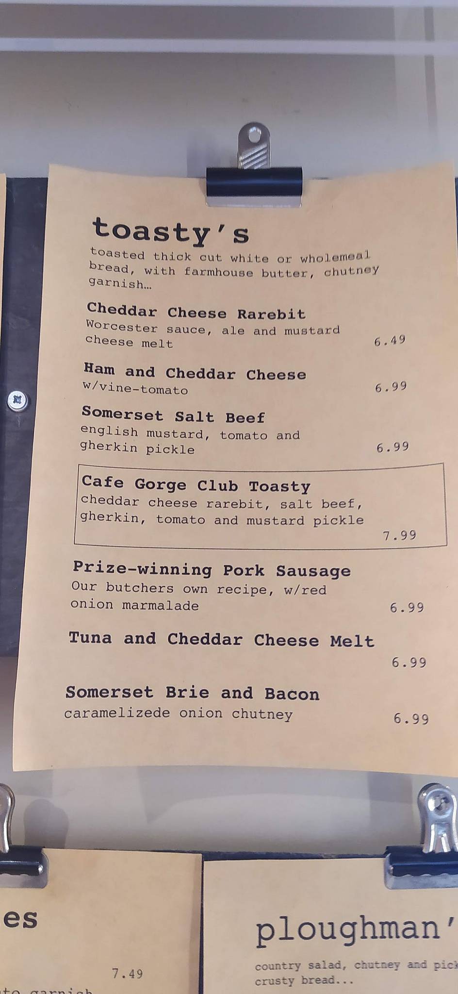 Menu at Cafe Gorge, Cheddar