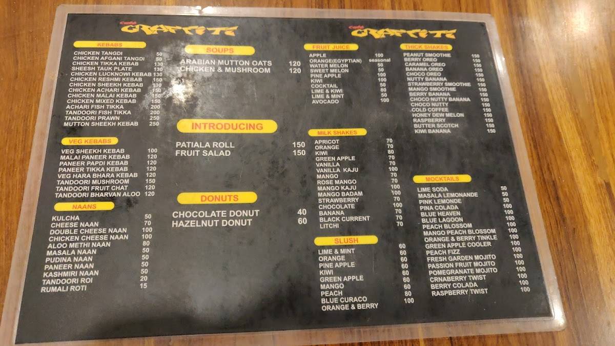 Menu at Cafe Graffiti, Hyderabad, 8-2-672