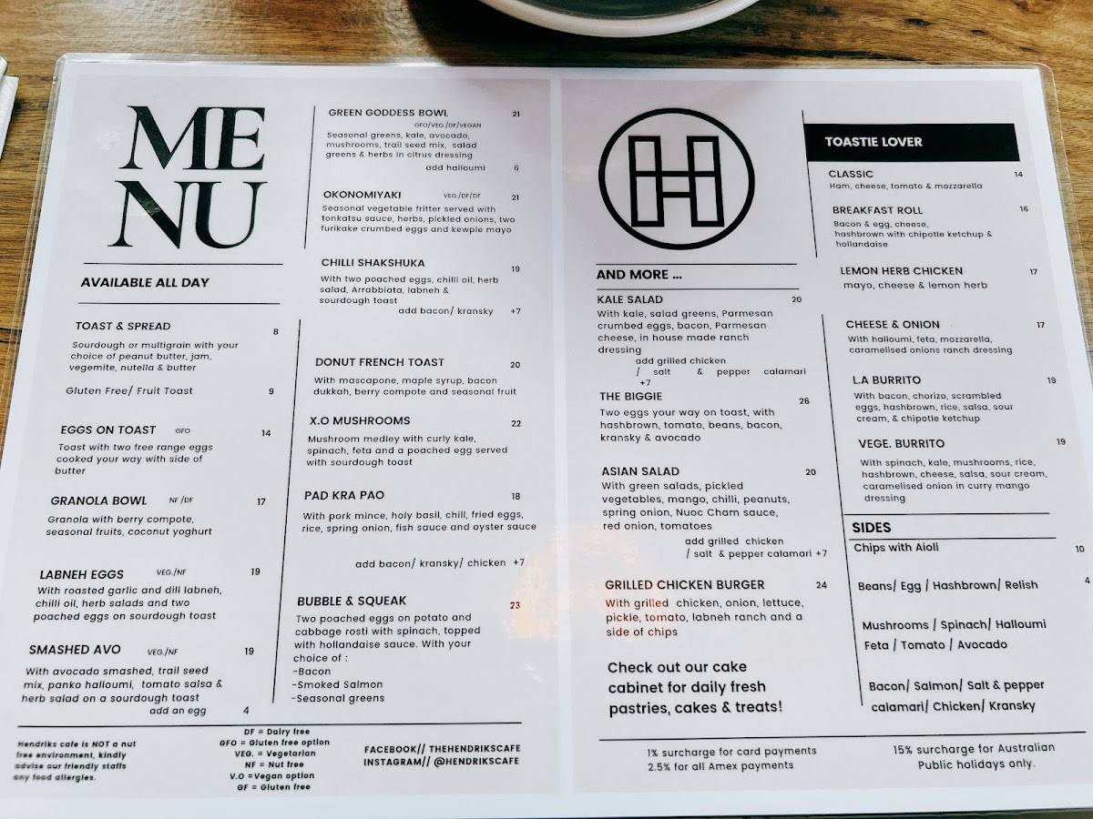 Menu at Hendriks Cafe, Mordialloc
