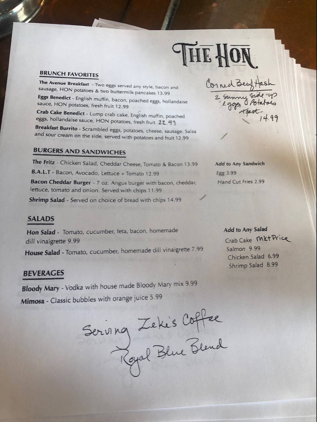 Menu at Cafe Hon, Baltimore