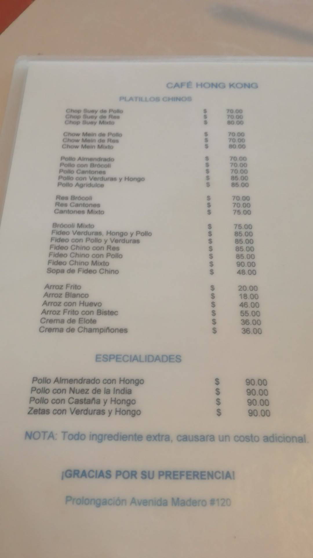 Menu at Hong Kong Cafe, Pachuca