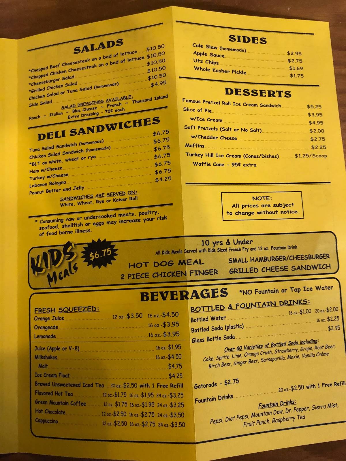 Menu at Hunt's Battlefield Fries cafe, Gettysburg