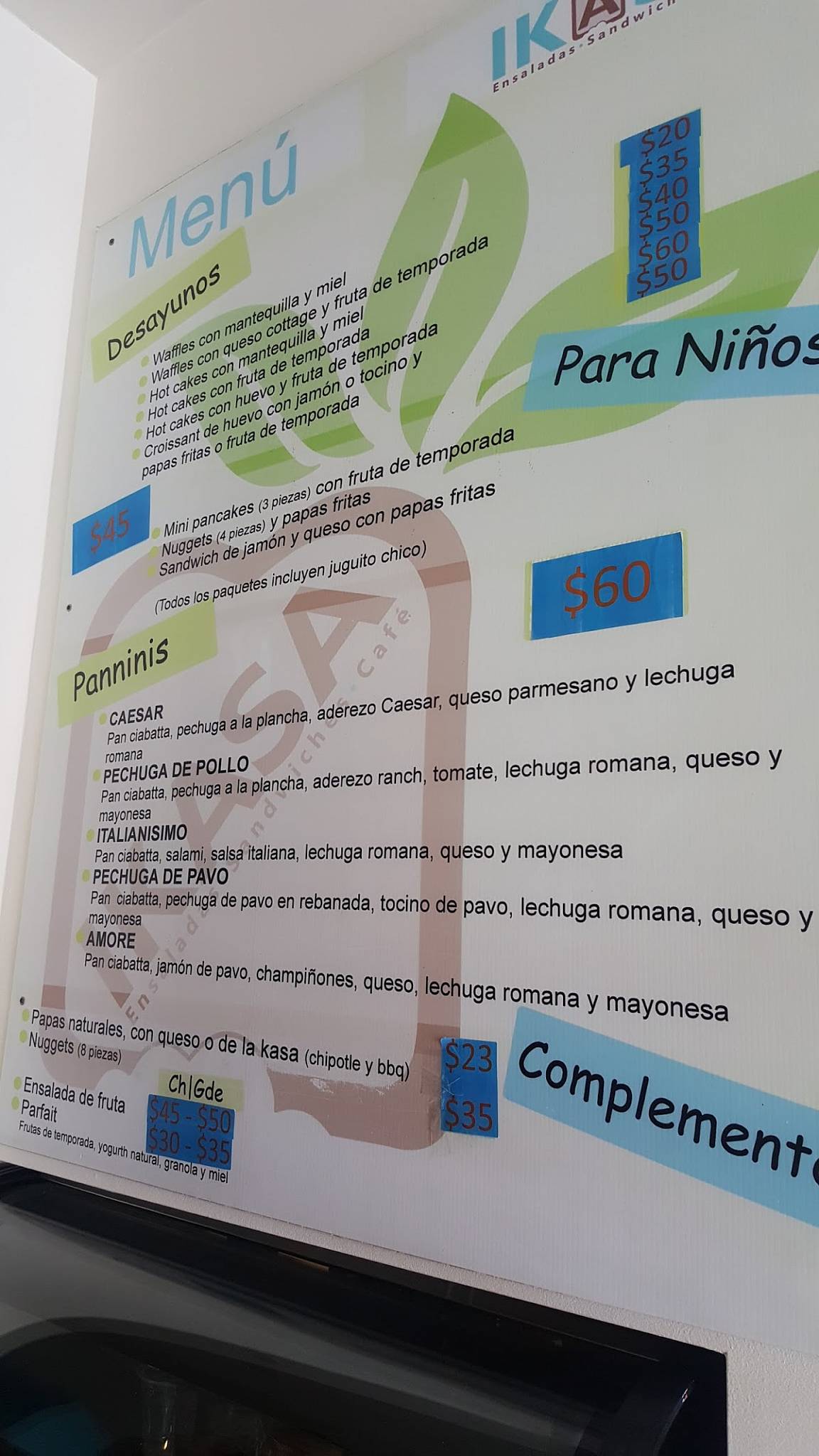 Menu at IKASA Café, Tijuana, Av. José López Portillo Pte. 1460