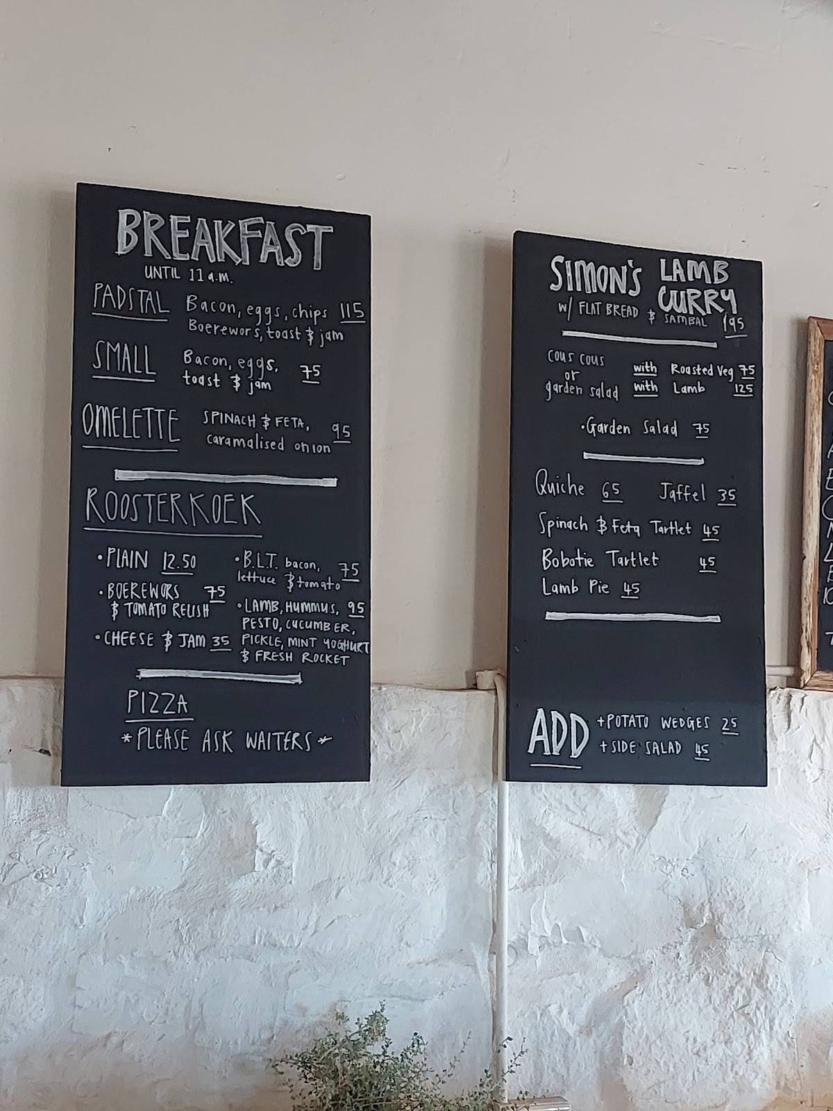 Menu at Karoo Padstal restaurant, South Africa, Farm Kantfontein