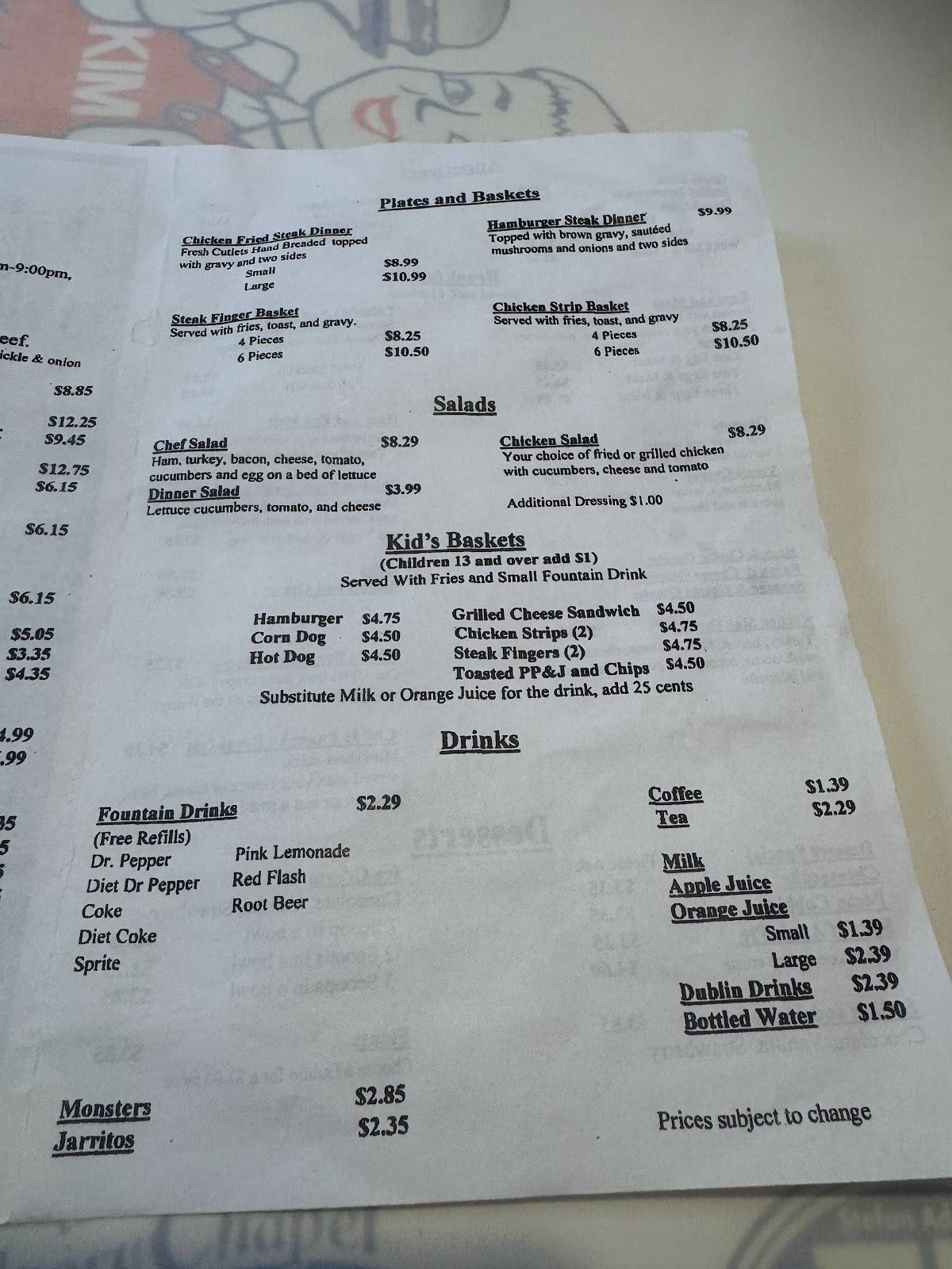 Menu at Kim's Diner cafe, Waco, 2600 W Waco Dr