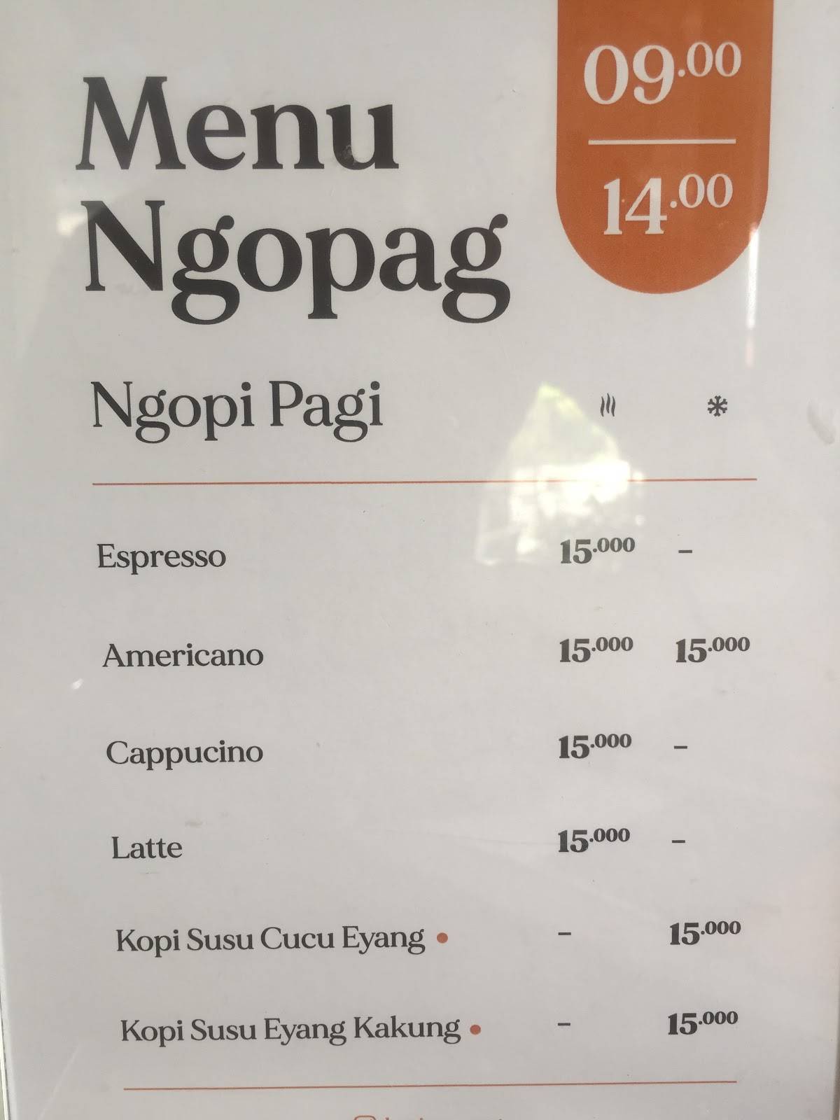 Carta del café Kopine Eyang, Yogyakarta
