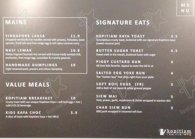 Menu at Kopitiam cafe, Wellington