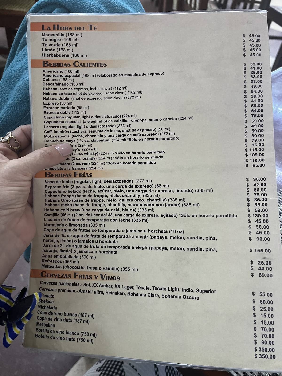 Menu at Café La Habana, Mexico City, Av. Morelos 62