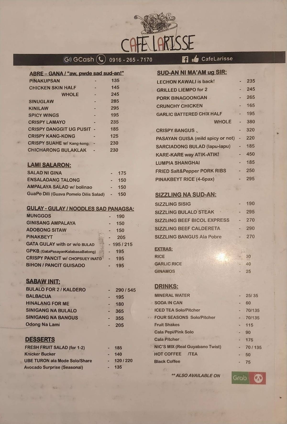 Menu at Larisse restaurant, Davao City