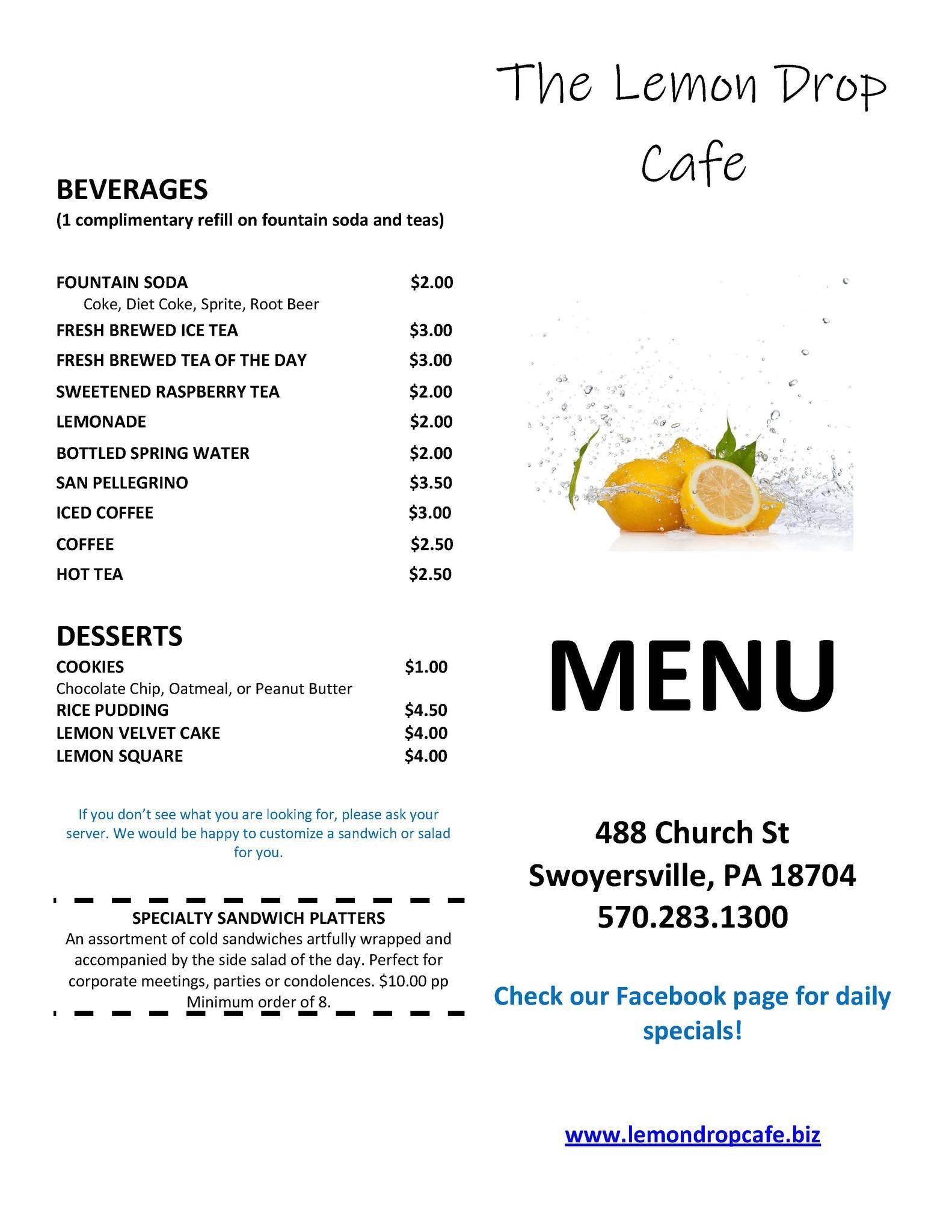 Menu at Lemon Drop Cafe, Swoyersville