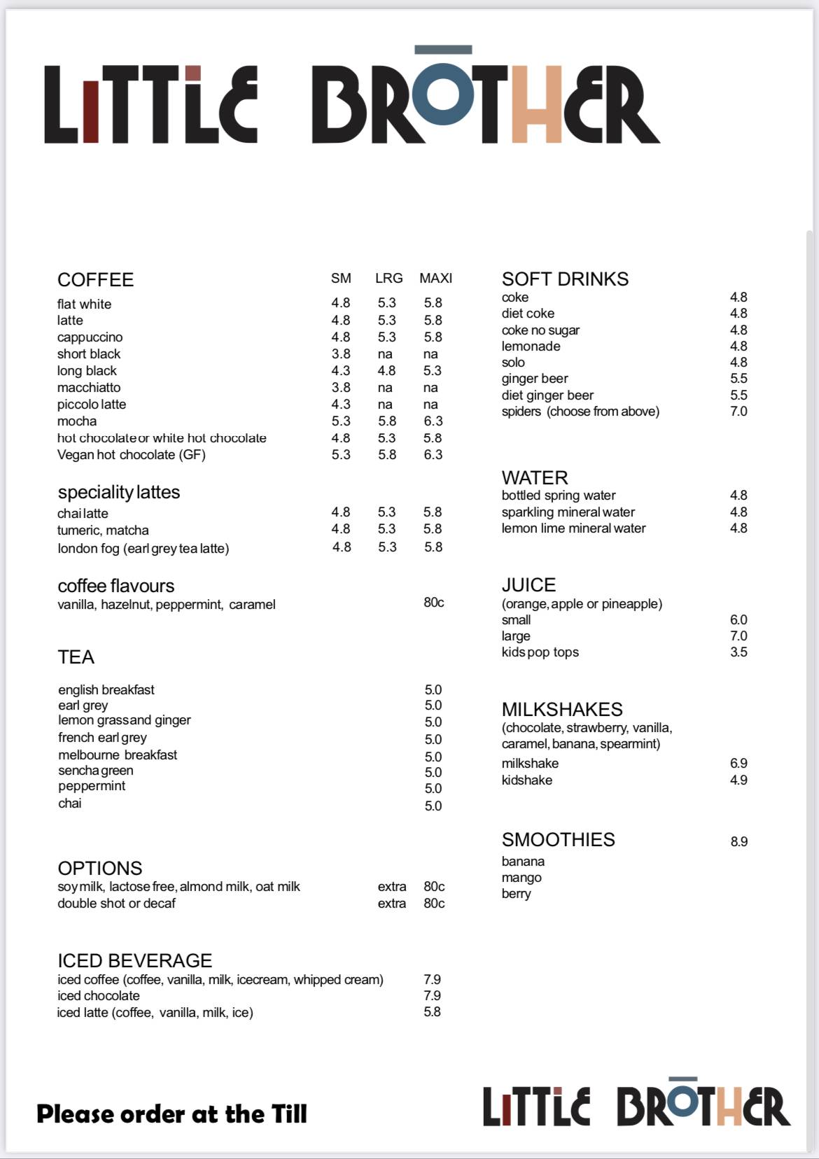 Menu at Little Brother Espresso cafe, East Maitland