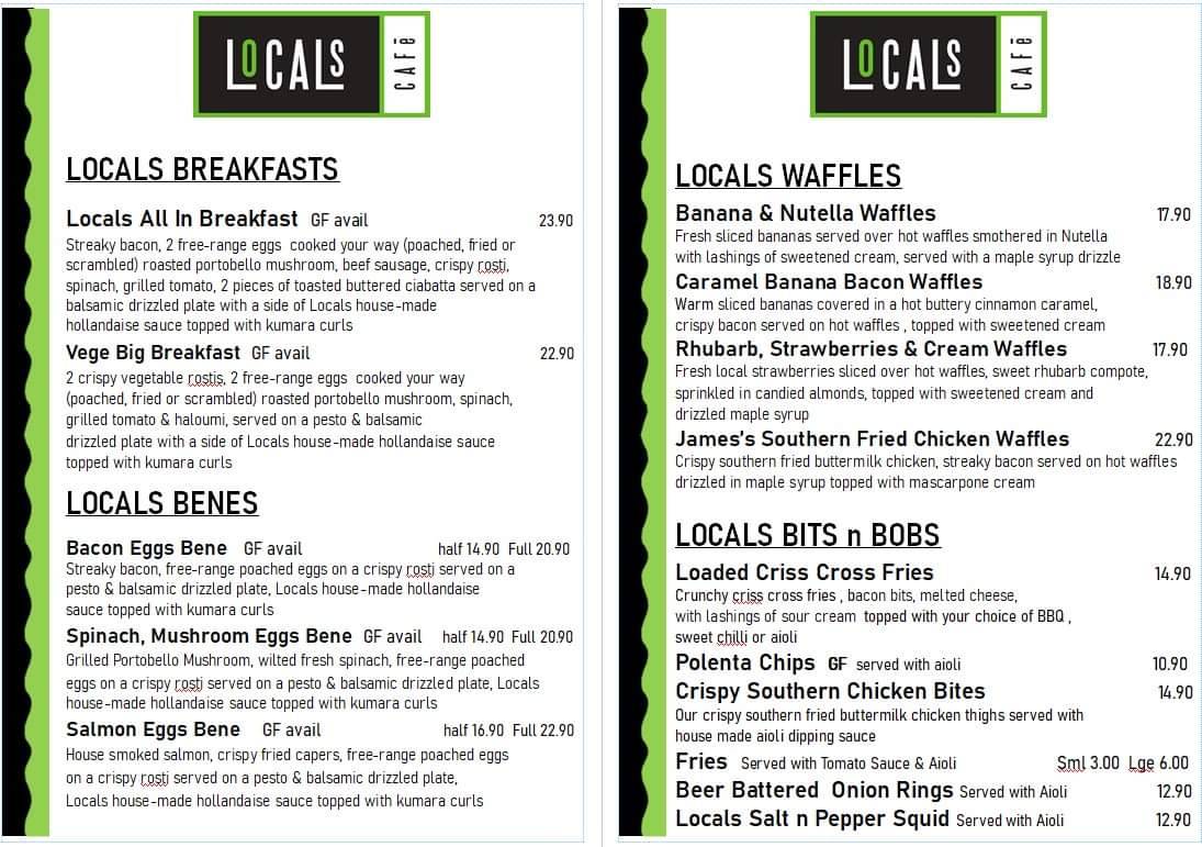 Menu at Locals Cafe, New Plymouth