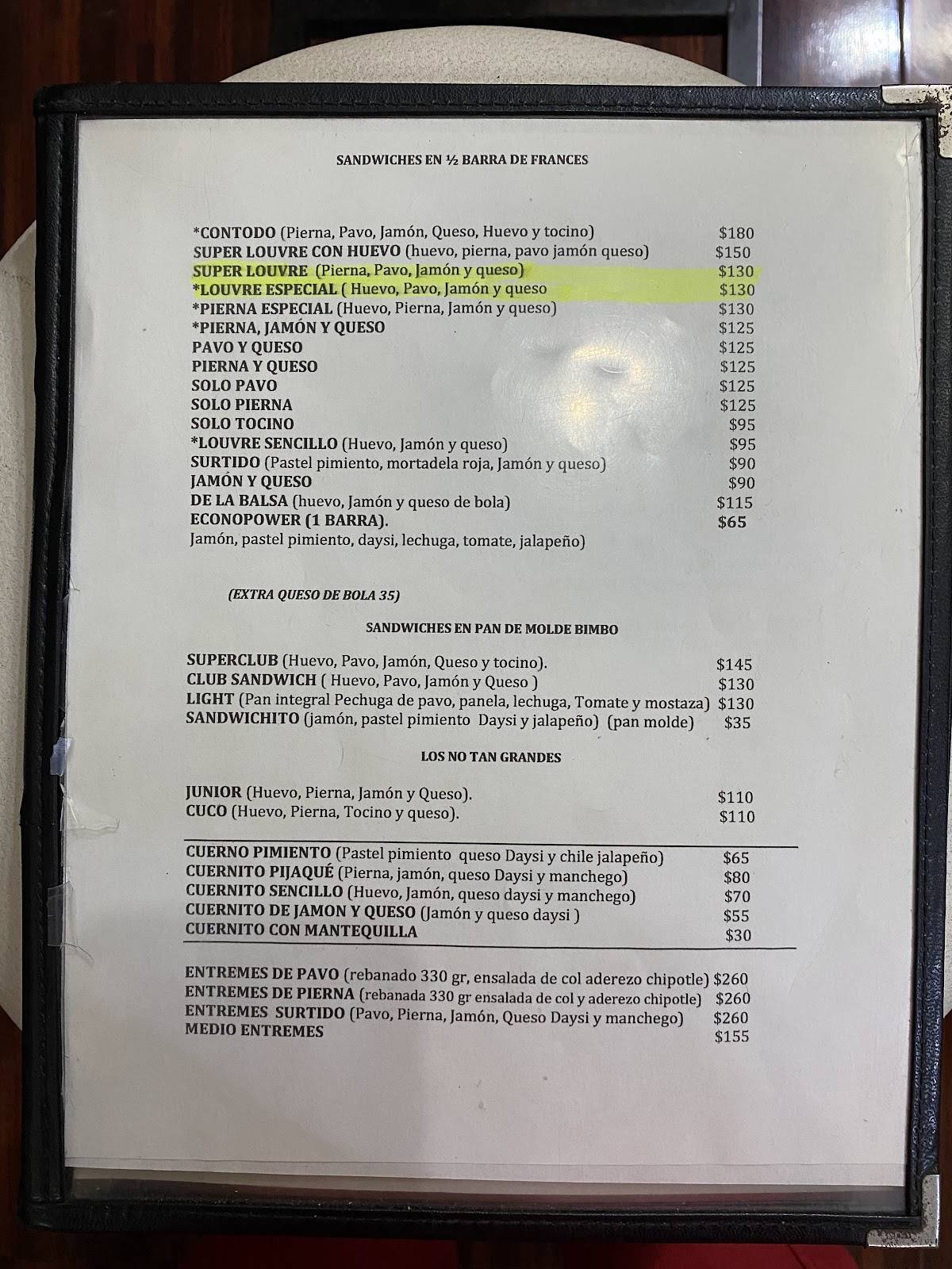 Carta de Café Louvre, Merida, Av Jose Diaz Bolio 75