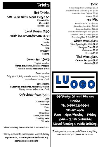 Menu at Luogo cafe, Murray Bridge
