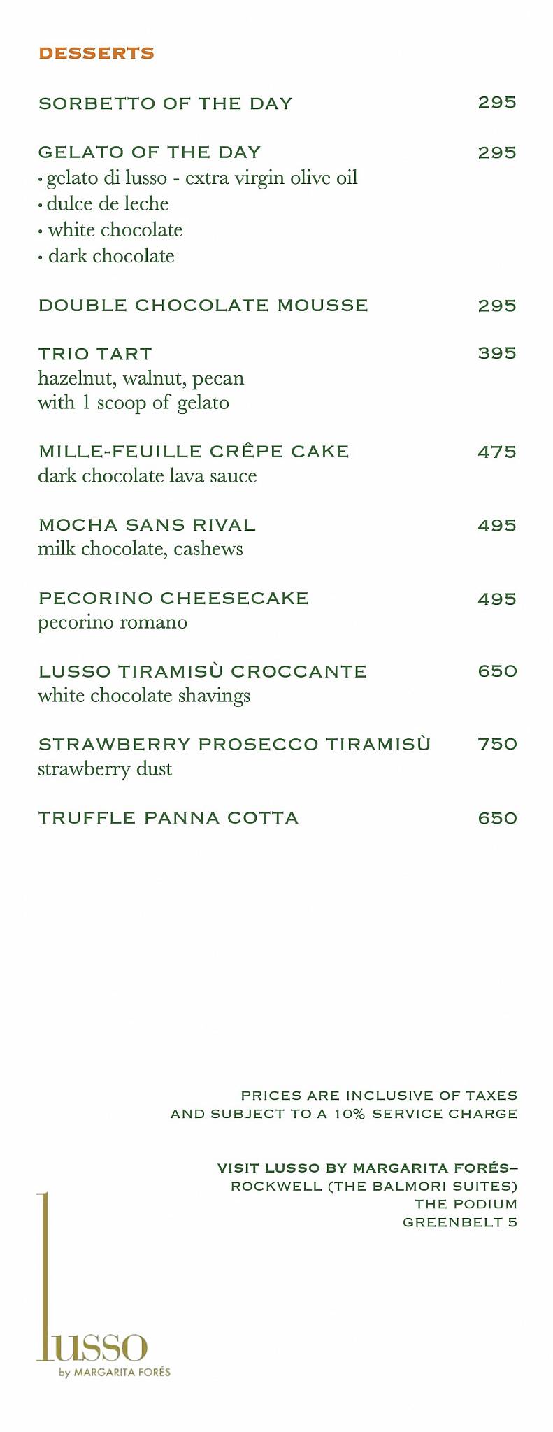 Menu at Lusso by Margarita Forés - Greenbelt 5 cafe, Makati, Legazpi Street