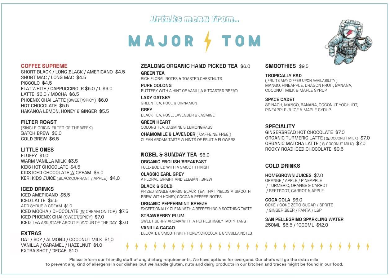 Menu at Major Tom cafe, Auckland
