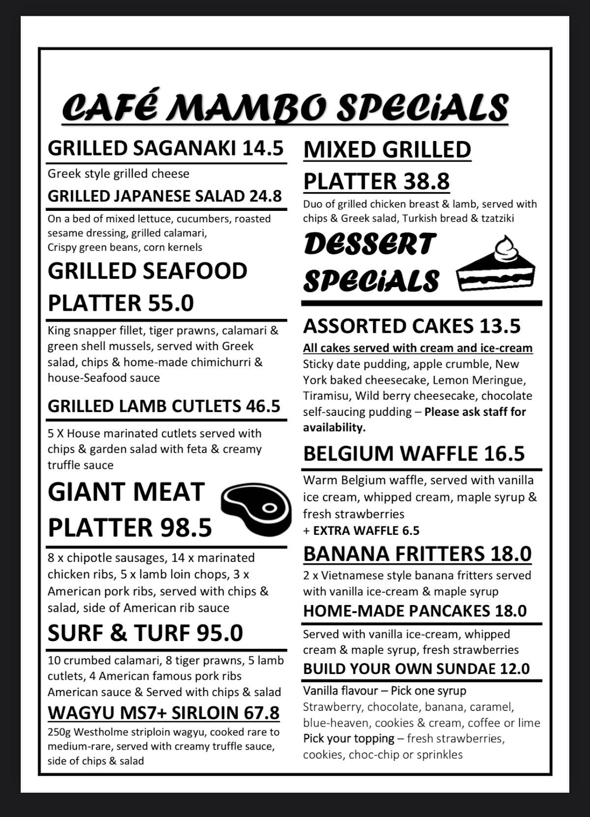 Menu at Cafe Mambo Bar and Lounge, Sunshine