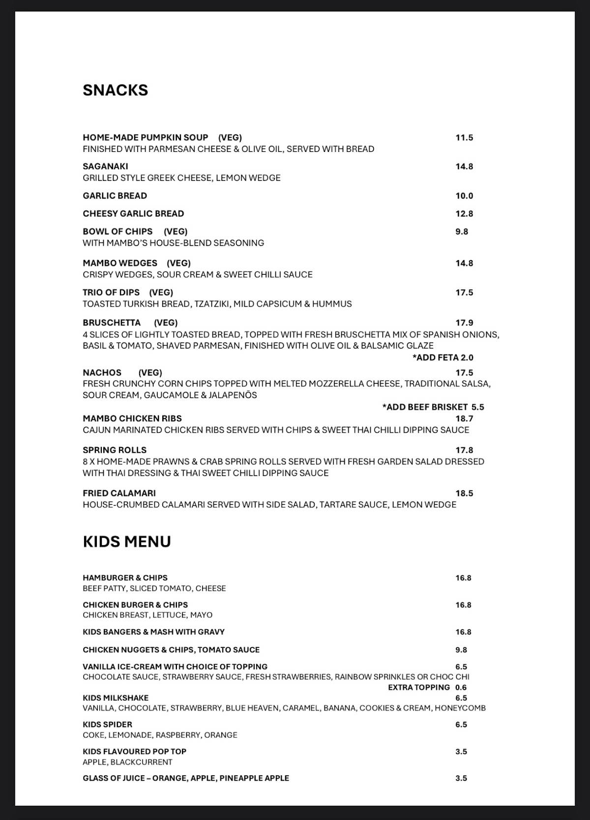 Menu at Cafe Mambo Bar and Lounge, Sunshine
