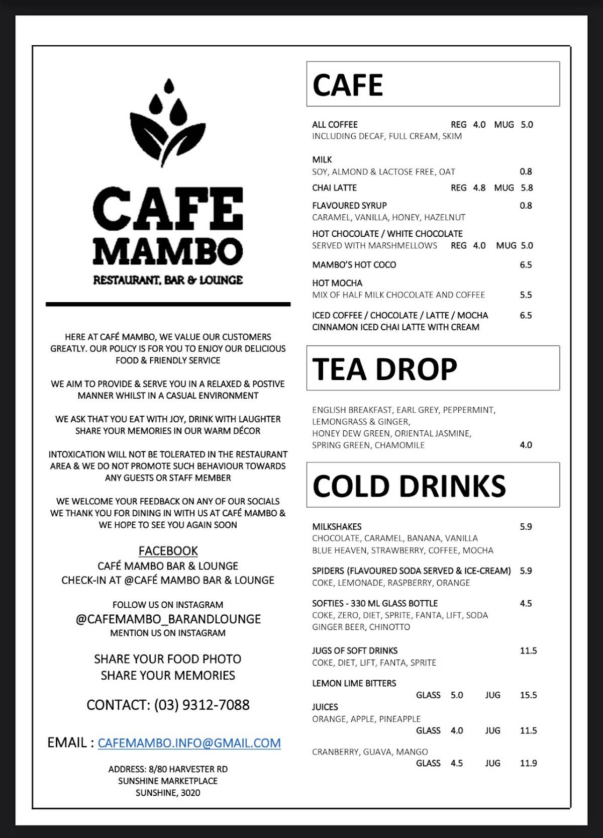 Menu at Cafe Mambo Bar and Lounge, Sunshine