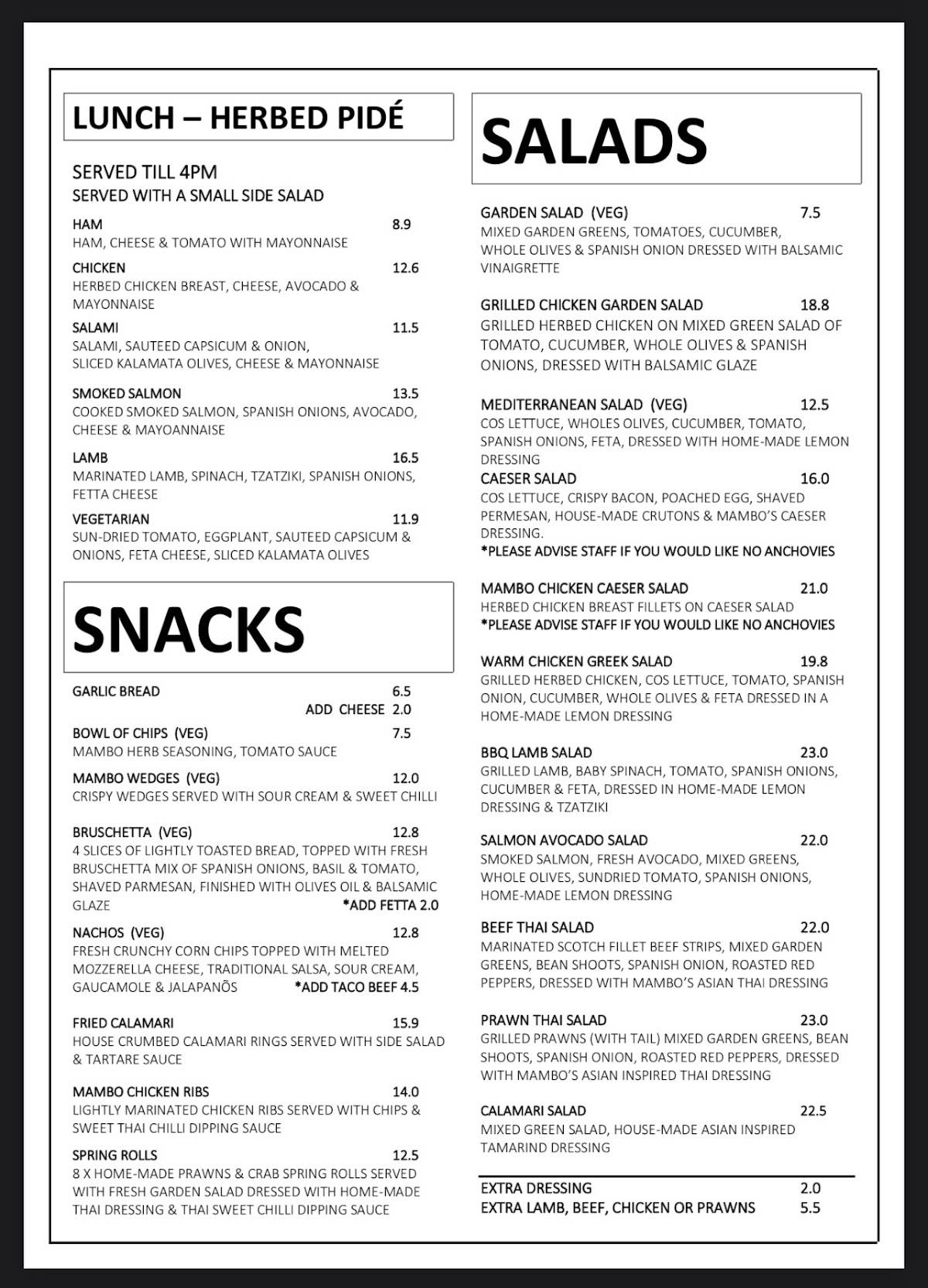 Menu at Cafe Mambo Bar and Lounge, Sunshine