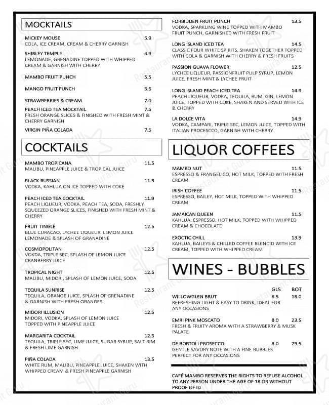 Menu at Cafe Mambo Bar and Lounge, Sunshine