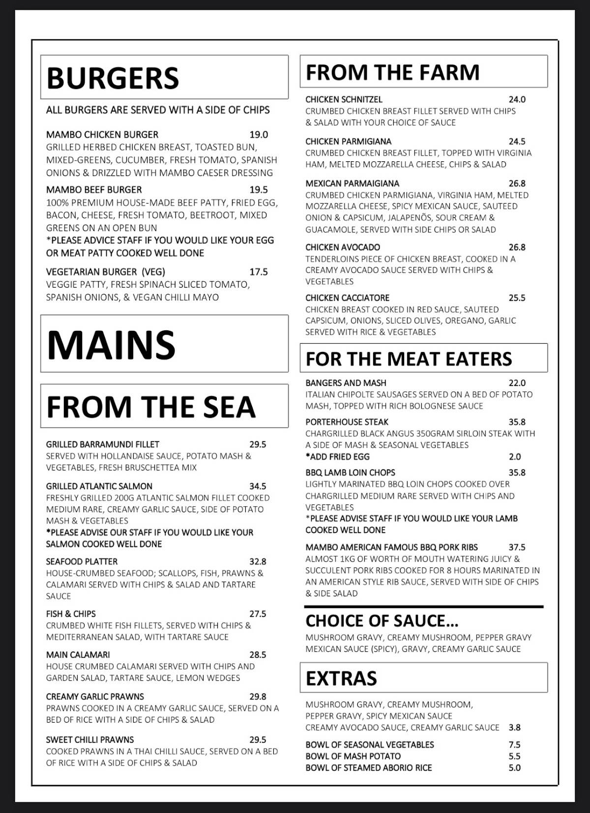 Menu at Cafe Mambo Bar and Lounge, Sunshine