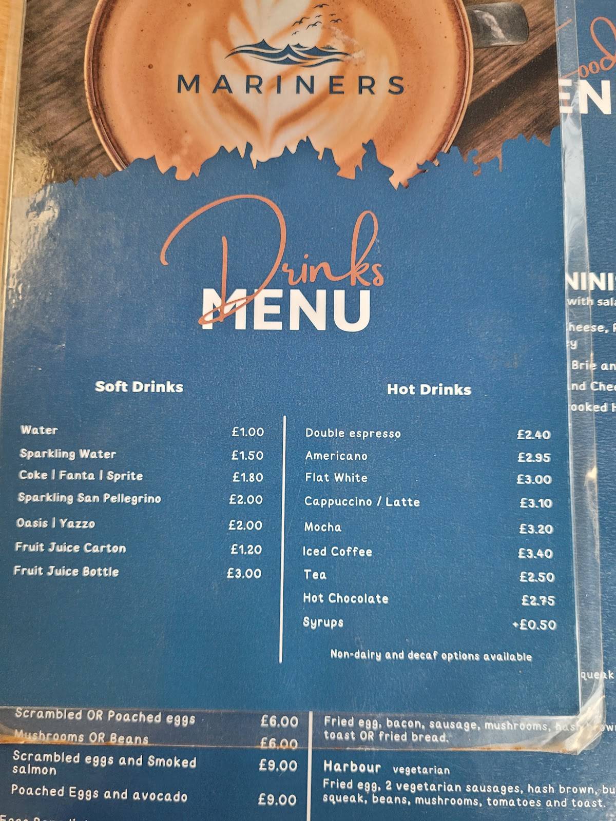 Menu at Mariners Cafe, Exmouth