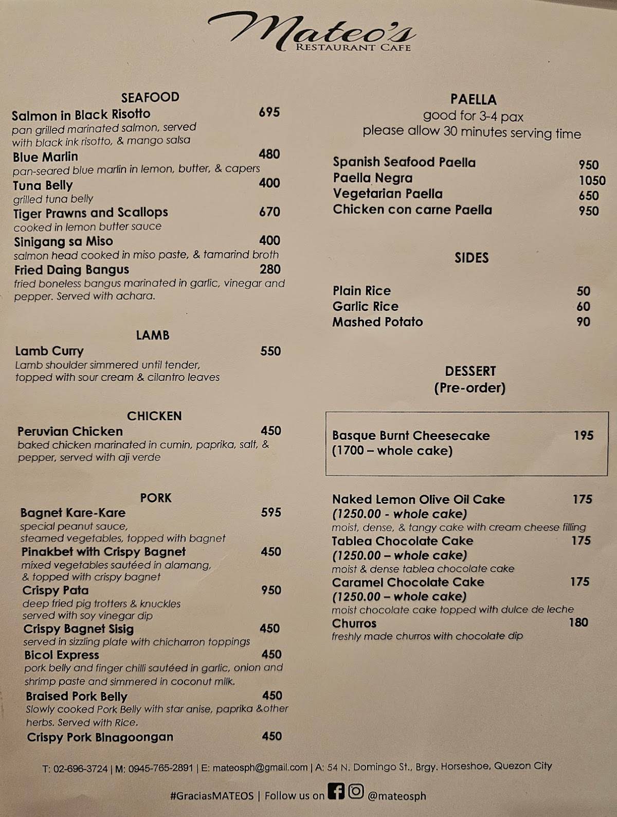 Menu at Mateo’s cafe, Quezon City