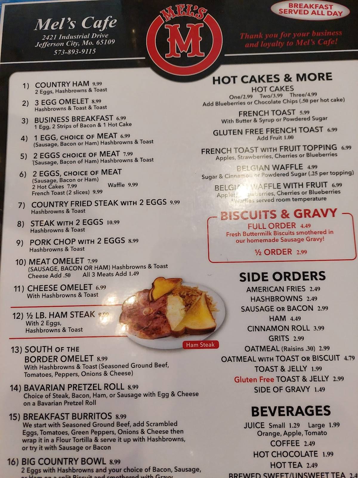 Menu at MEL'S. cafe, Jefferson City