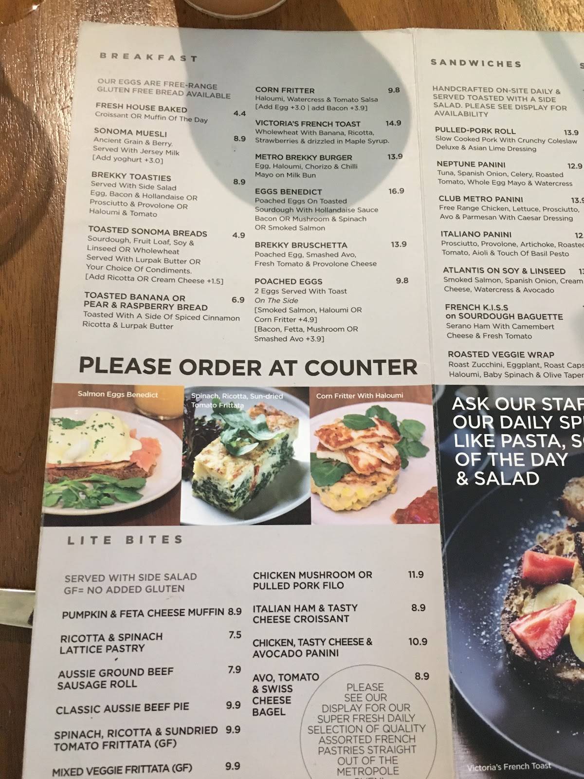 Menu at Metropole Cafe, Sydney