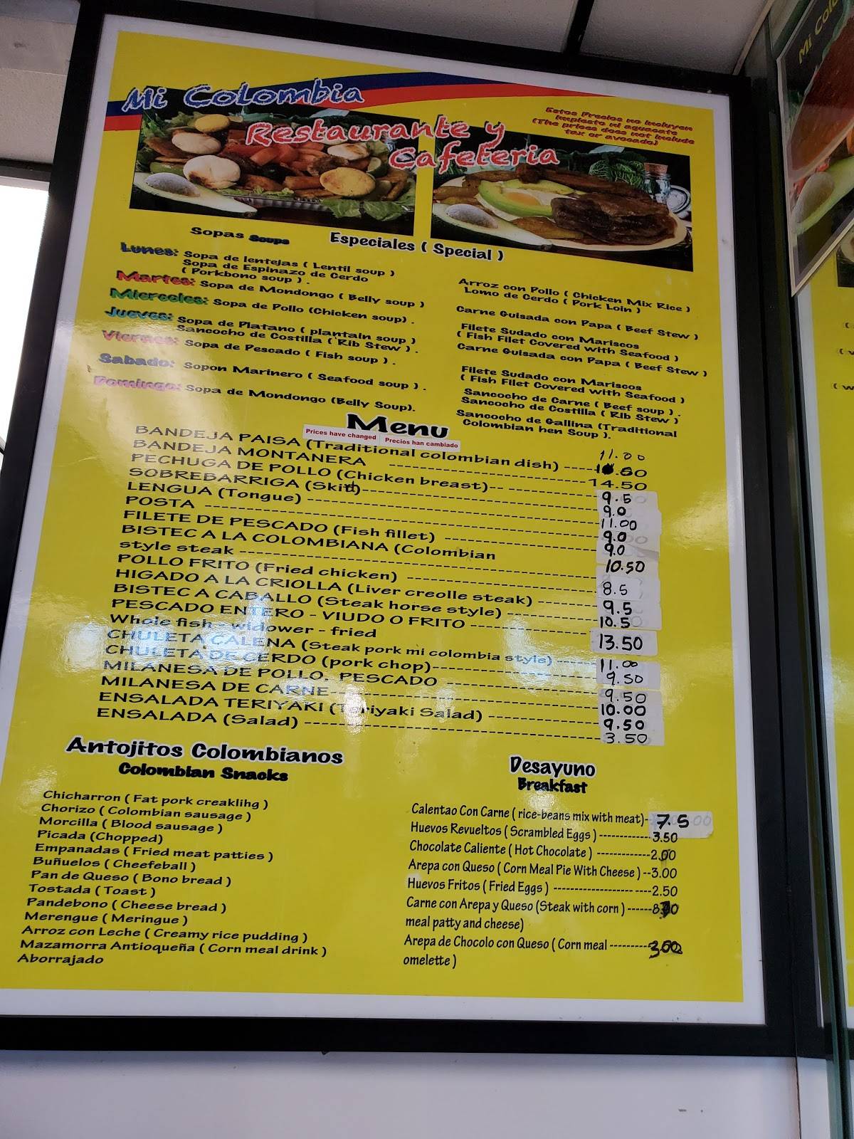 Menu at Mi Colombia cafeteria Miami Beach, Miami Beach