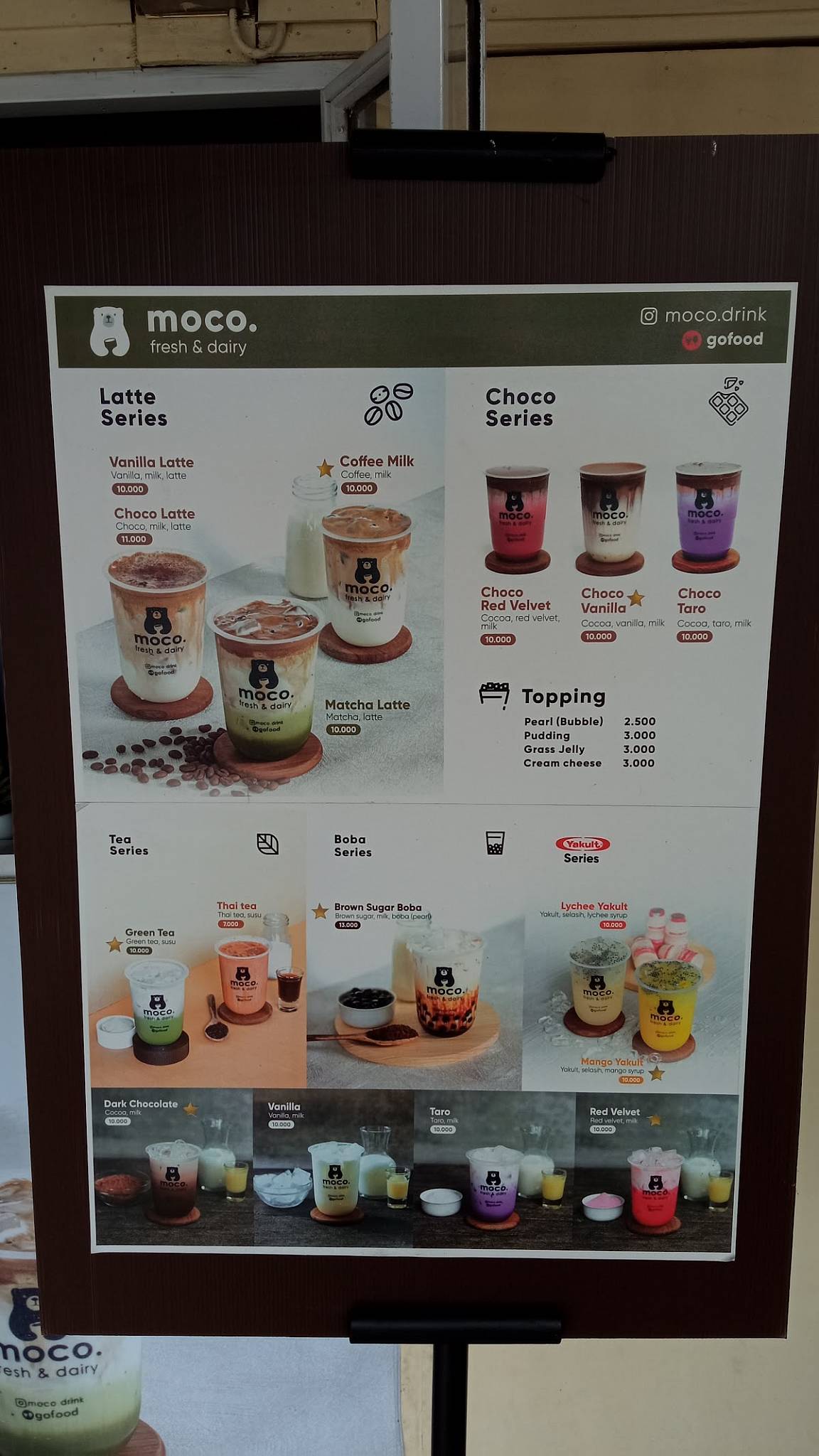 Carta del café Moco milk boba thai tea coffee - cheeseyu, Bandung