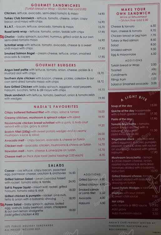 Menu at Nadia's Cafe Penrith, Penrith