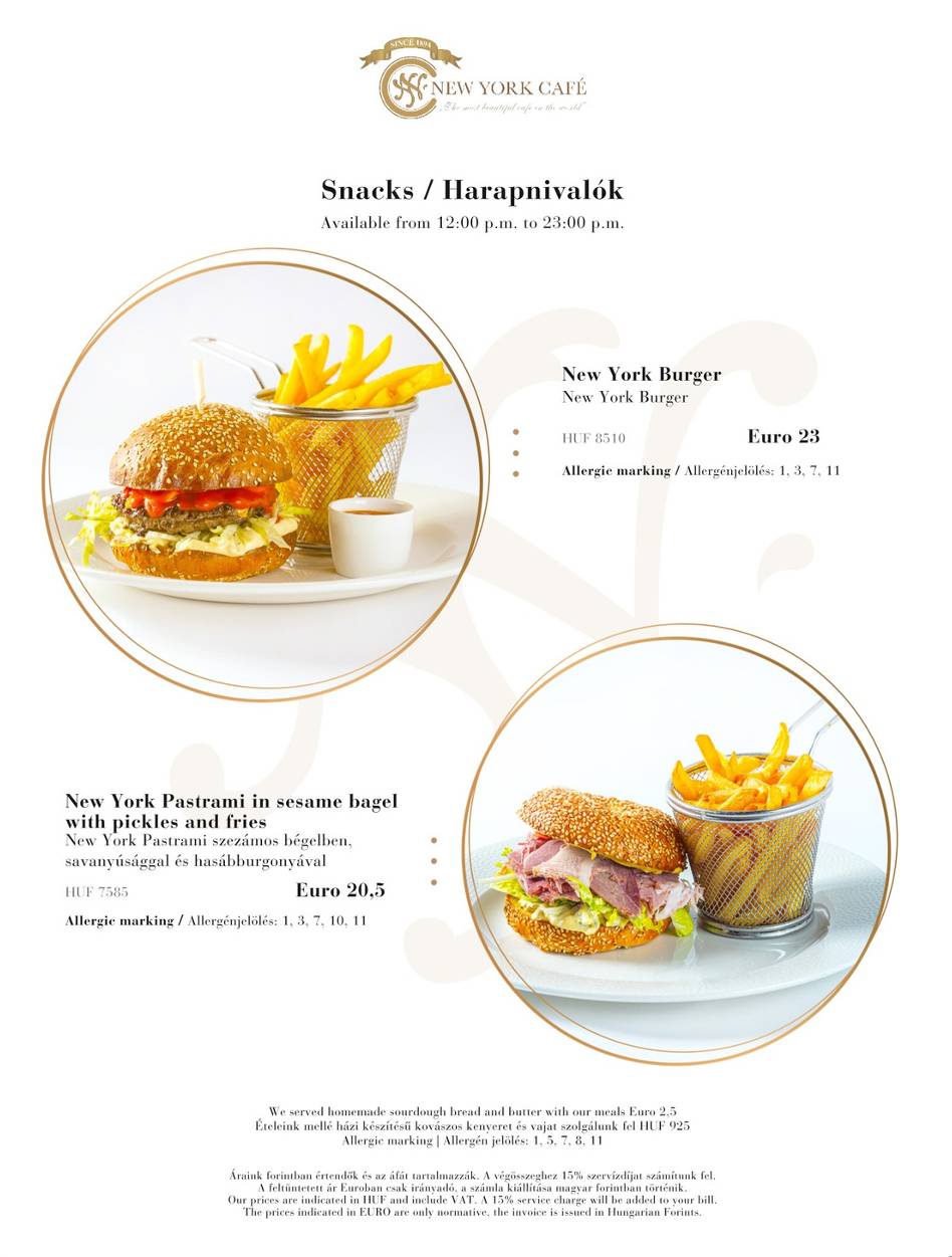 Menu at New York Café cafe, Budapest, Erzsébet krt. 9-11