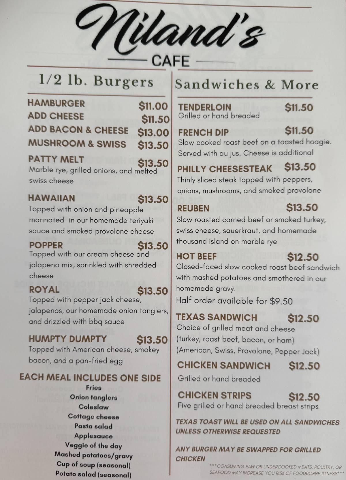 Menu at Niland's Cafe, Colo, 24 Lincoln Hwy