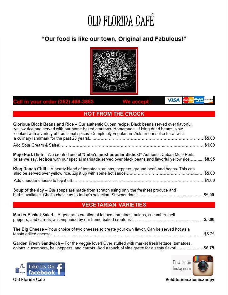 Menu at Old Florida Cafe, Micanopy, 203 NE Cholokka Blvd