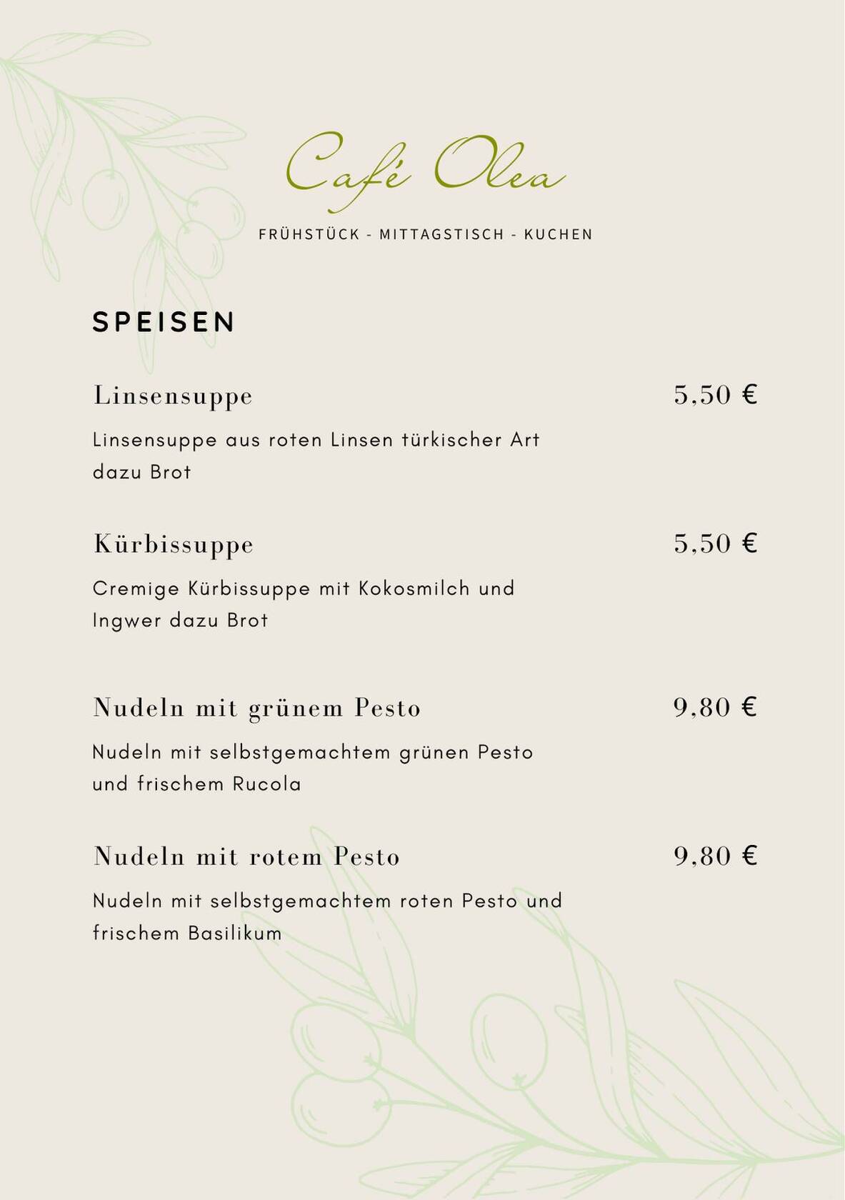 Speisekarte von Café Olea restaurant, Berlin