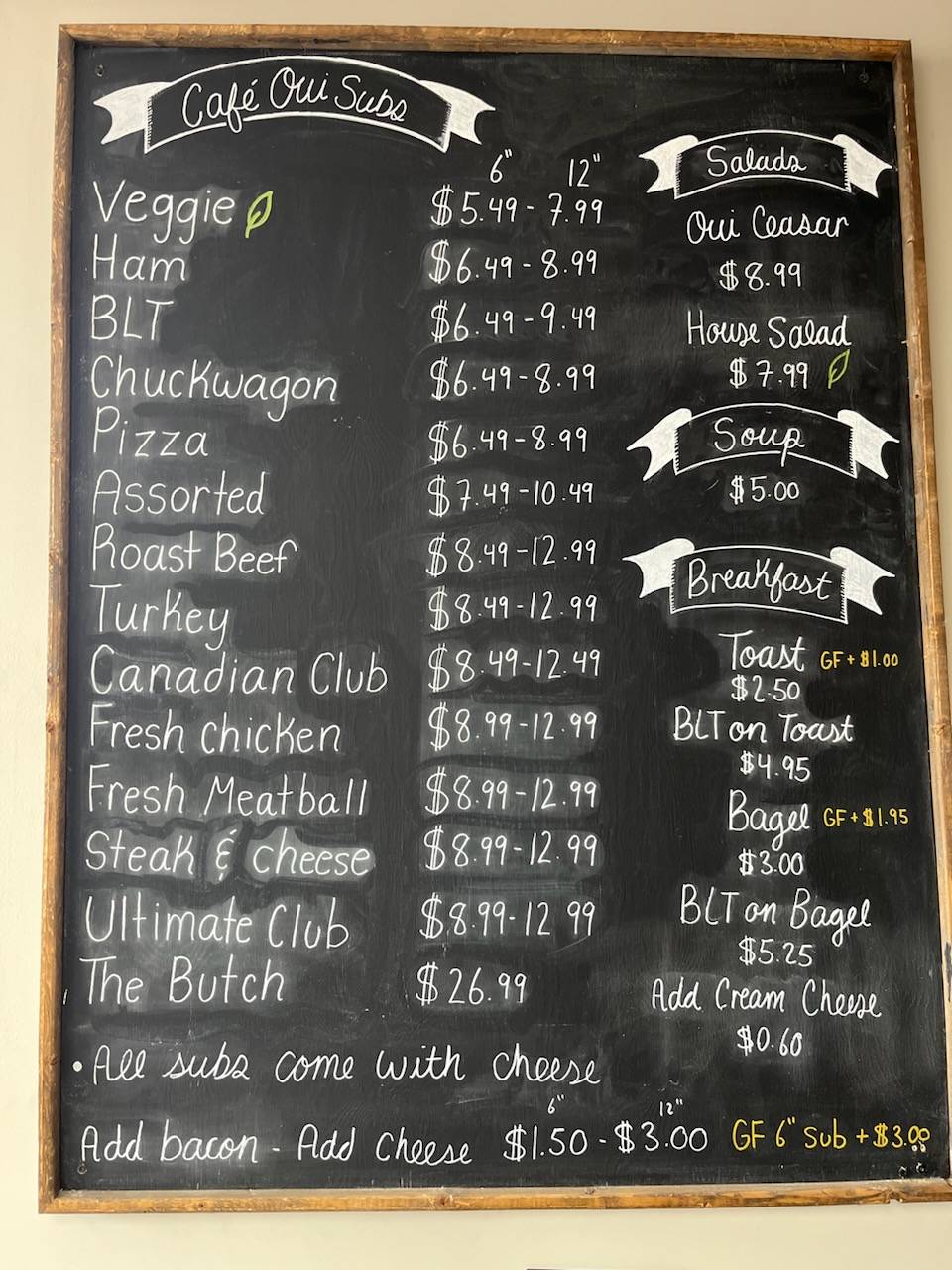 Menu at Café Oui, Sudbury