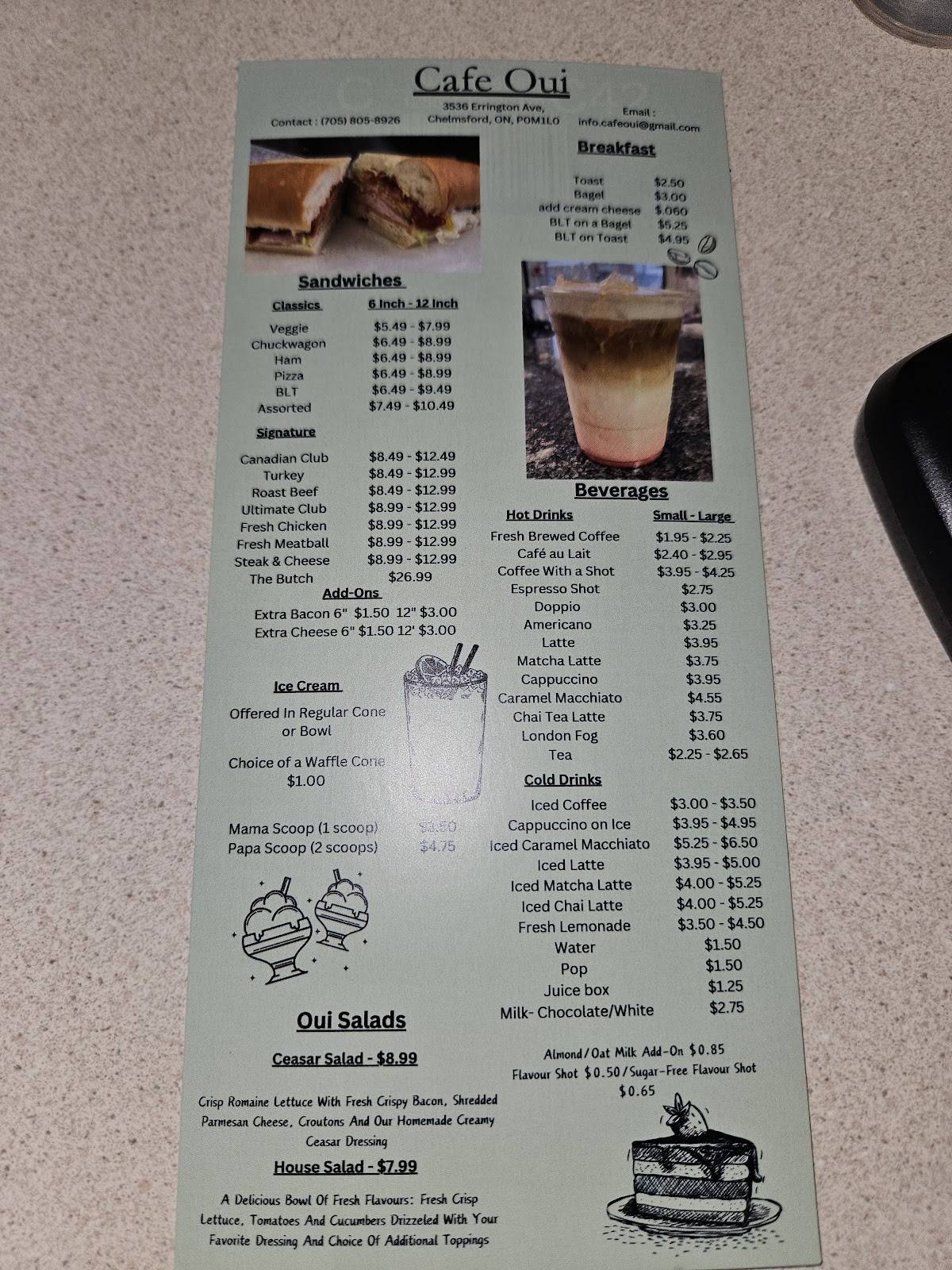 Menu at Café Oui, Sudbury