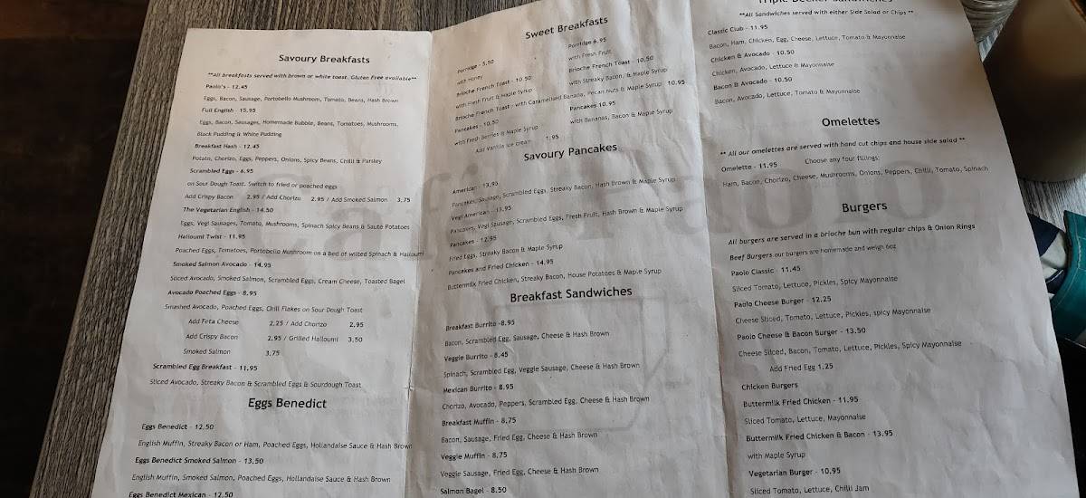 Menu at Café Paolo cafe, London, 1 The Vale