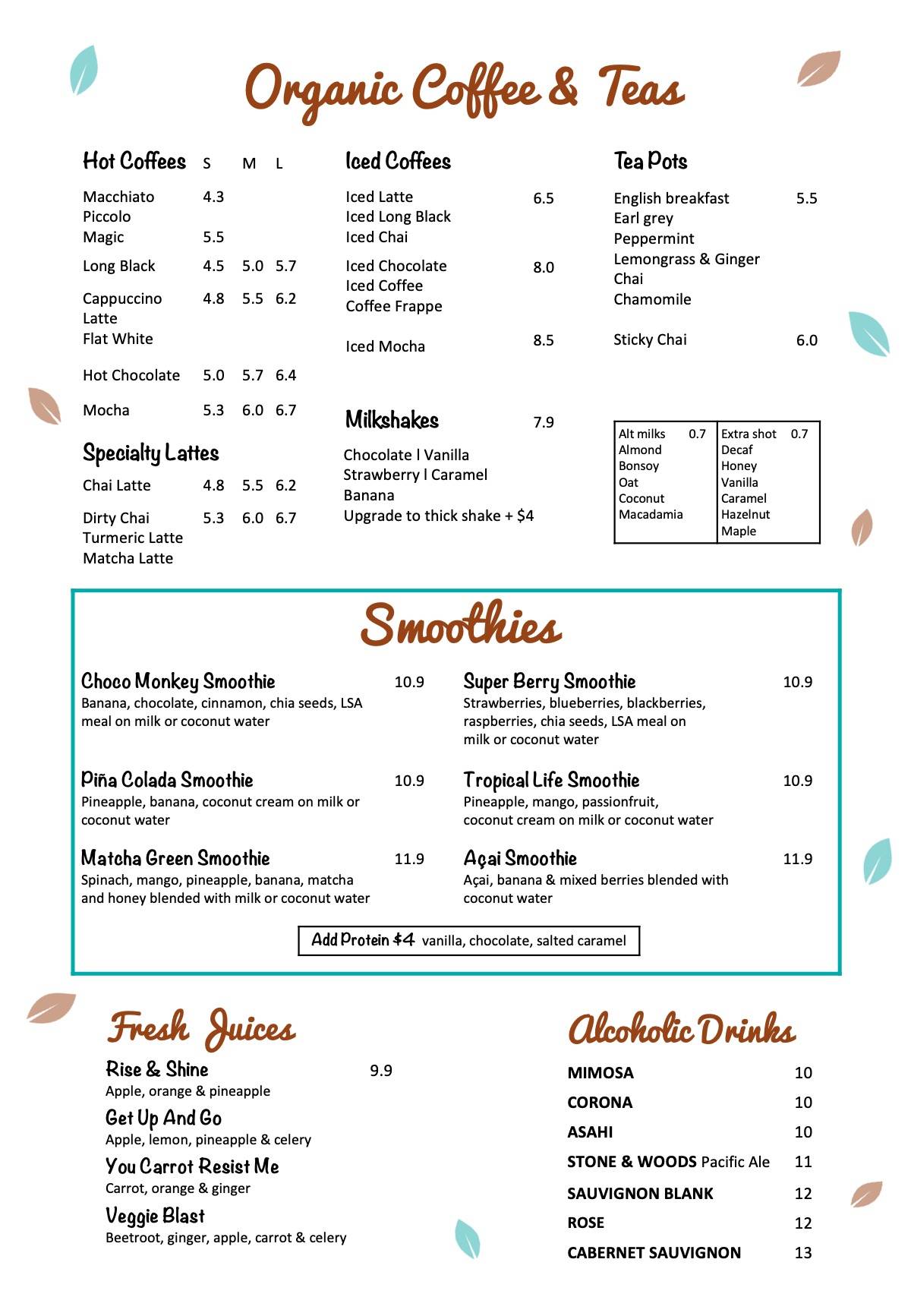 Menu at Paperbark Burleigh, Burleigh Heads