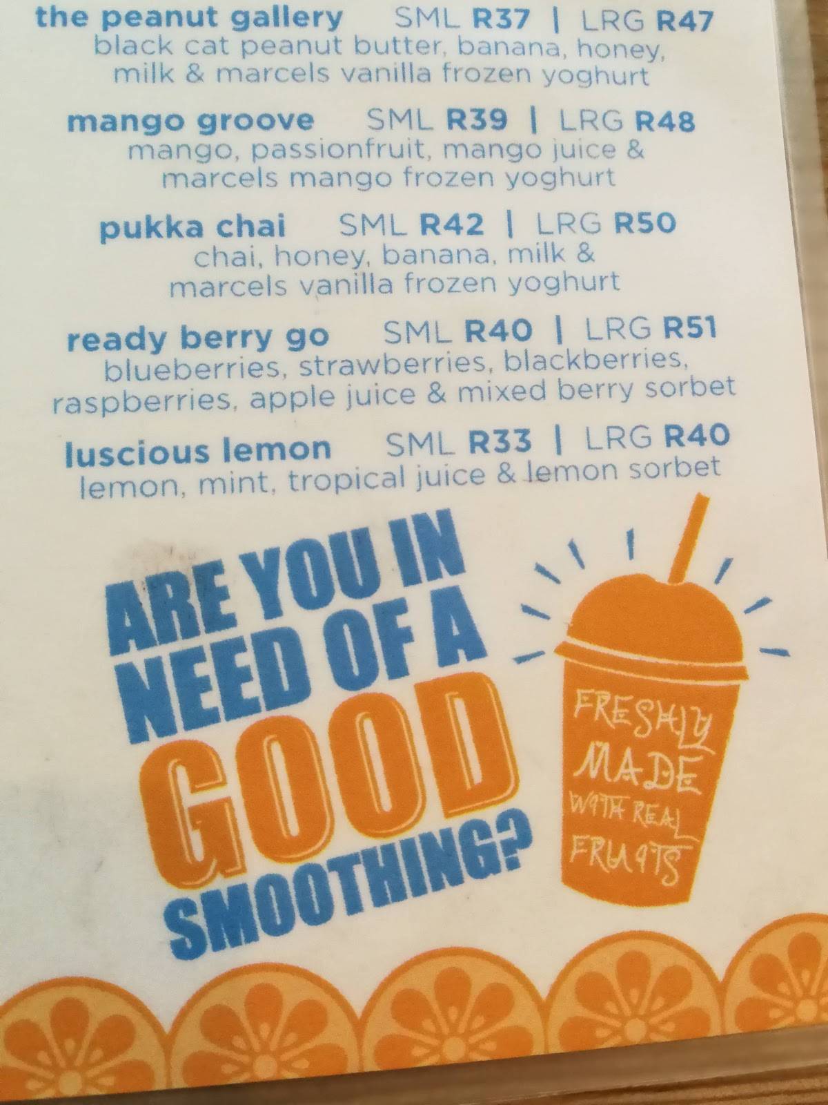 Carta del café Pulp Kitchen Willowbridge Shopping Centre, Ciudad del Cabo