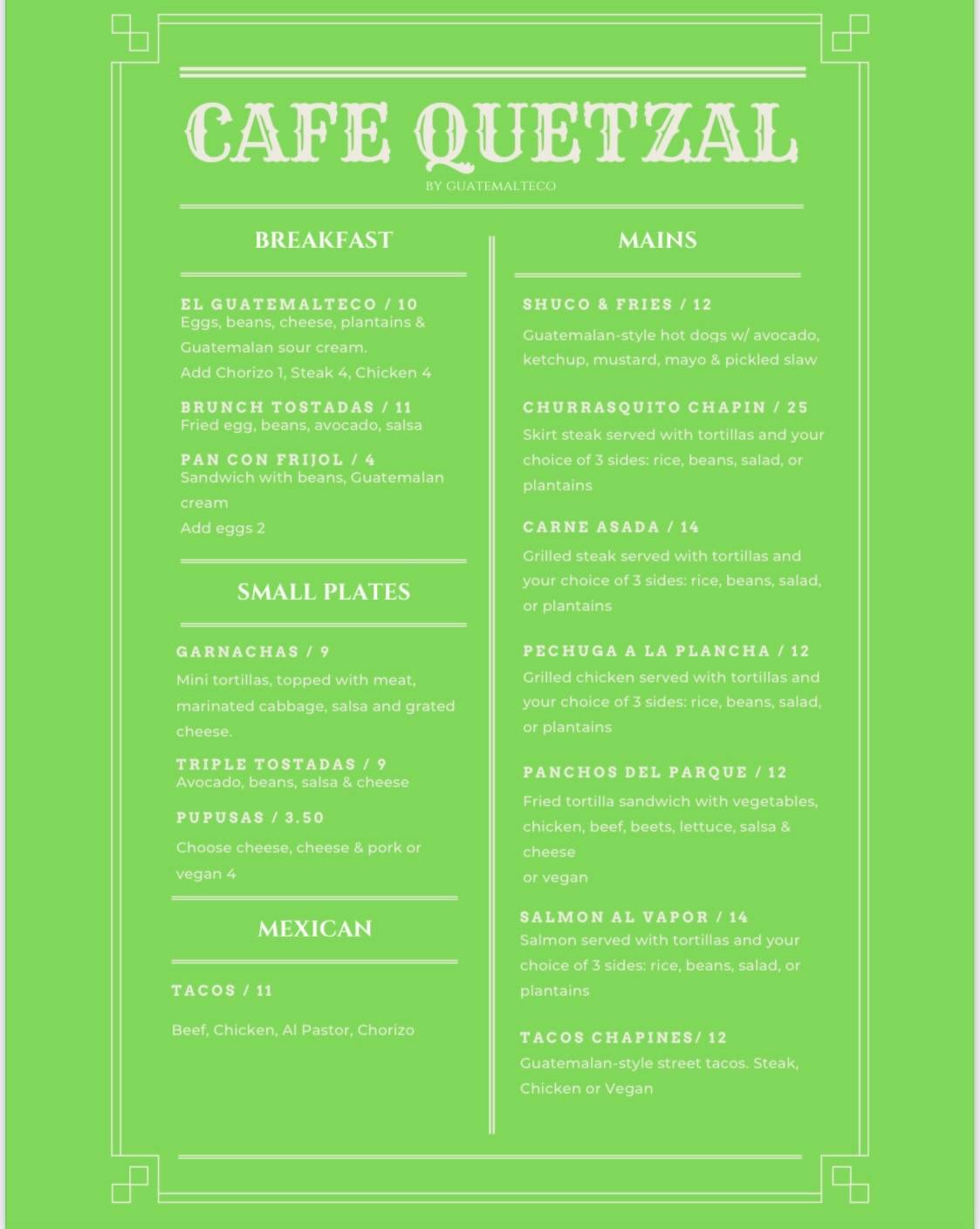 Menu at Cafe Quetzal, Jersey City