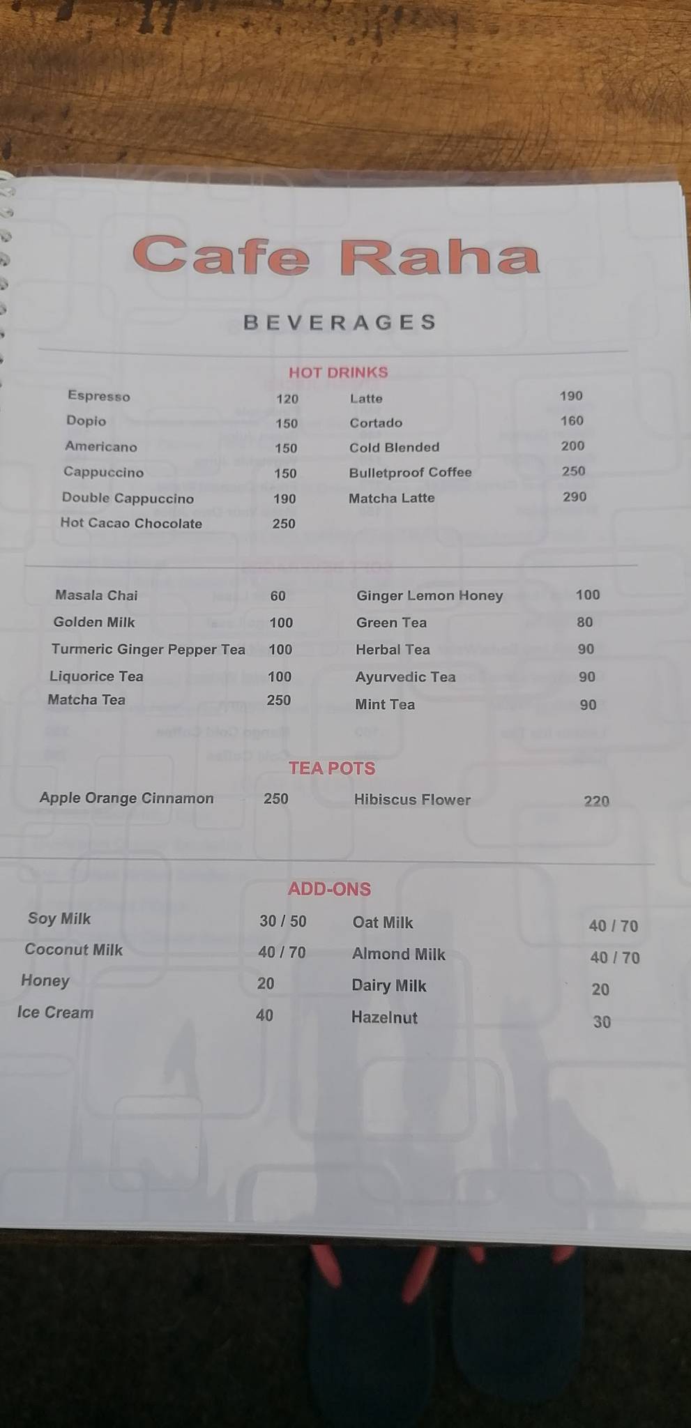 Menu at Raha Cafe, Rishikesh