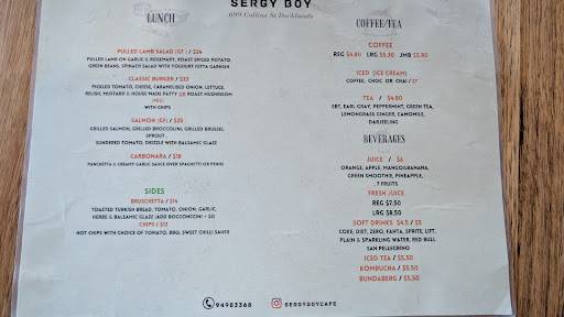 Menu at Sergy Boy cafe, Docklands