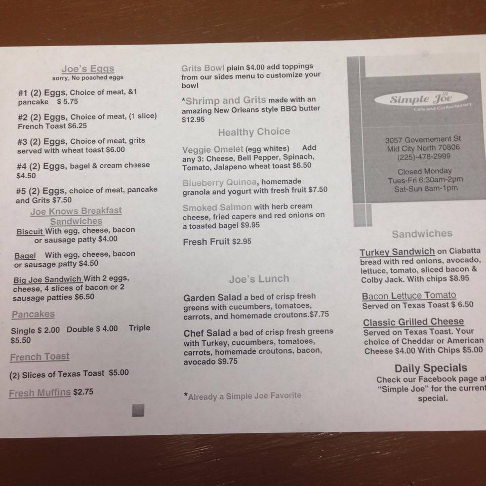 Menu at Simple Joe Cafe, Baton Rouge